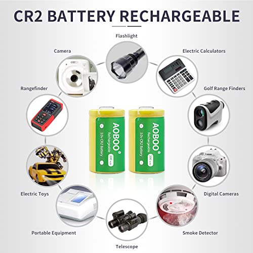 AOBOO CR2 Rechargeable Battery and Fast Charging head-300 mAh 3V Two-Pack Household Battery for Golf rangefinder, Telescope, Electric, Alarm and Other Equipment
