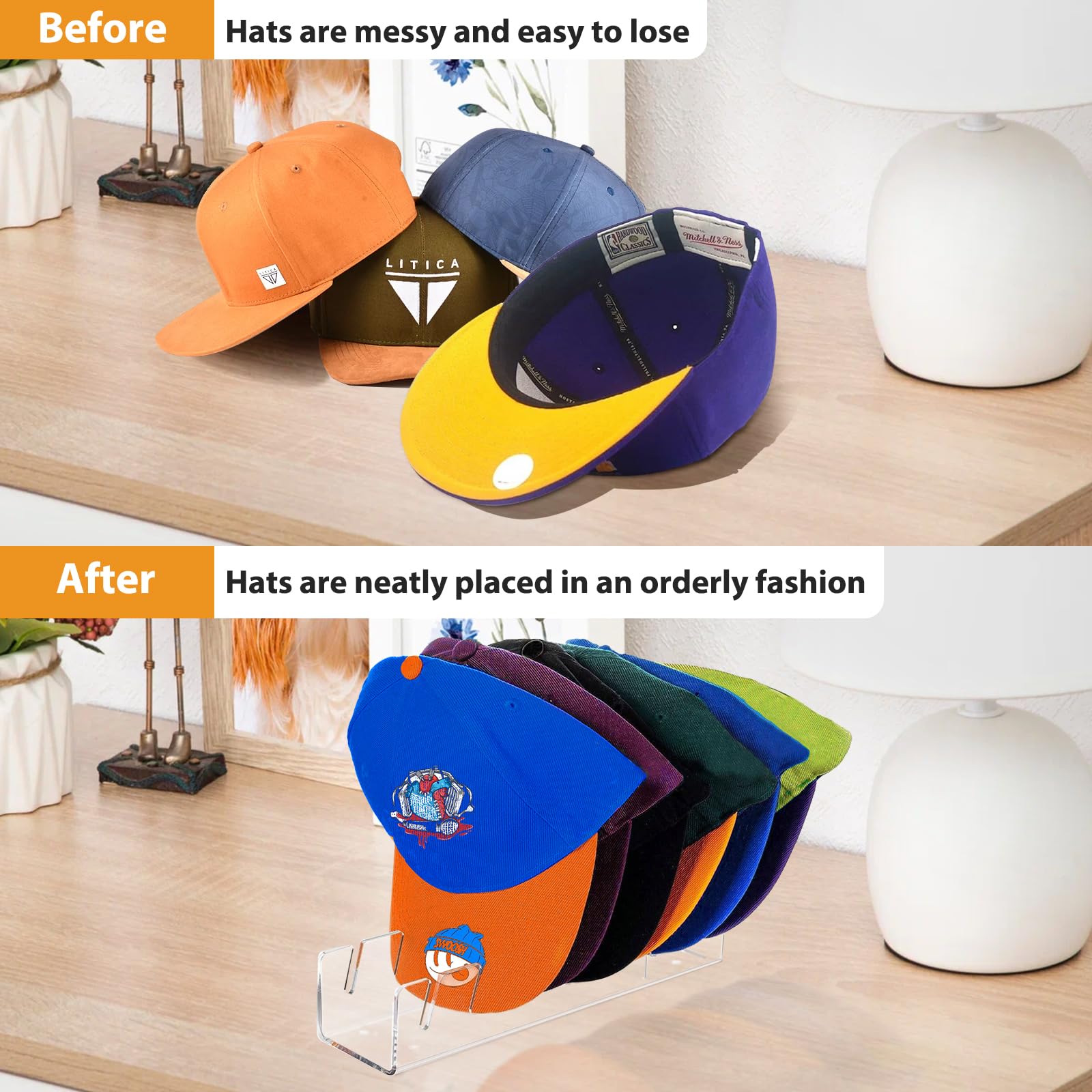 2PCS Hat Stand for Baseball Caps, No Install Acrylic Hat Organizer for 14 Baseball Caps, Hat Racks for Baseball Caps Display Hat Holder for Bedroom