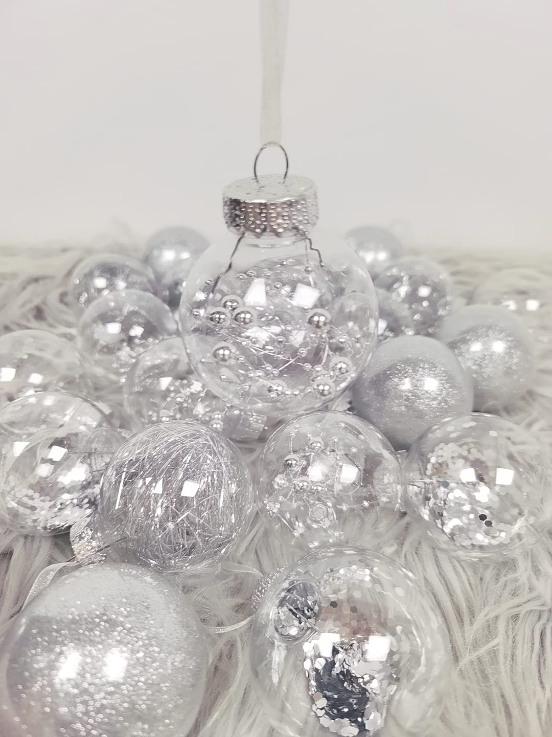 24ct 60mm/2.36" Glitter Christmas Balls Ornaments Shatterproof Clear Plastic Fillable Sphere Balls Ornaments for Xmas Tree Home Decoration (Silver)