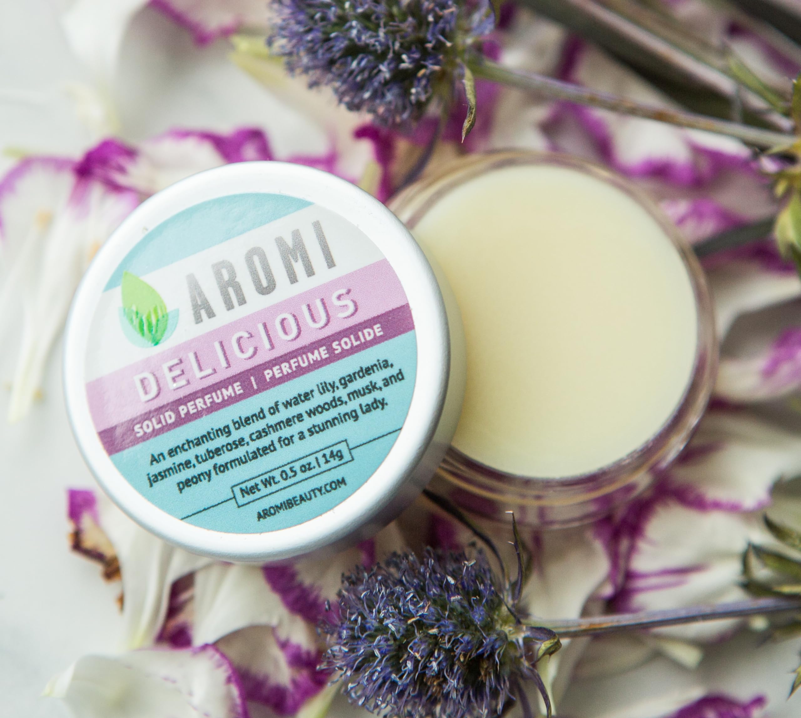 Aromi Delicious Solid Perfume | Honeysuckle, Tuberose, and Gardenia Fragrance, Vegan, Cruelty-free, Wax Scent, Travel, Women's Gift, Handmade (Delicious)