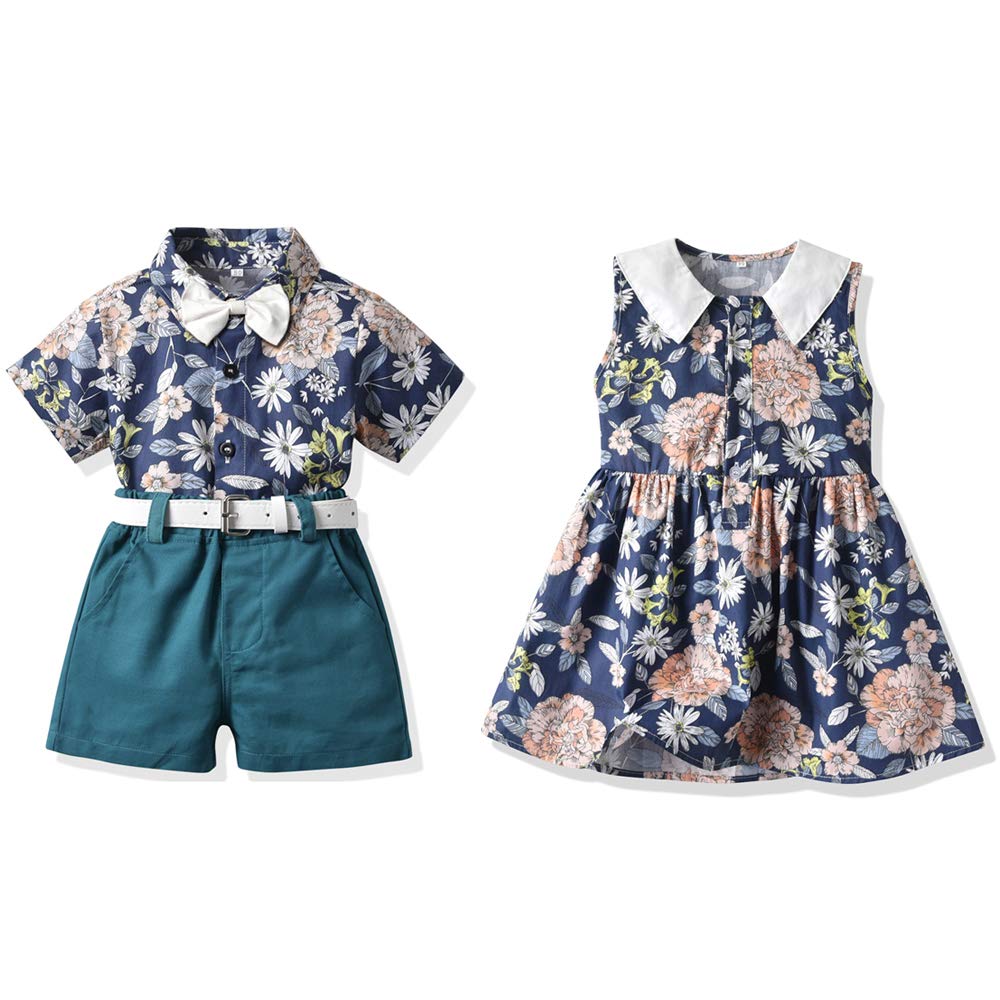 FAXSON Baby Boys Girls Brother and Sister Matching Outfits Clothes Floral Gentleman Shorts Set(Blue boy,90/18-24 Months)
