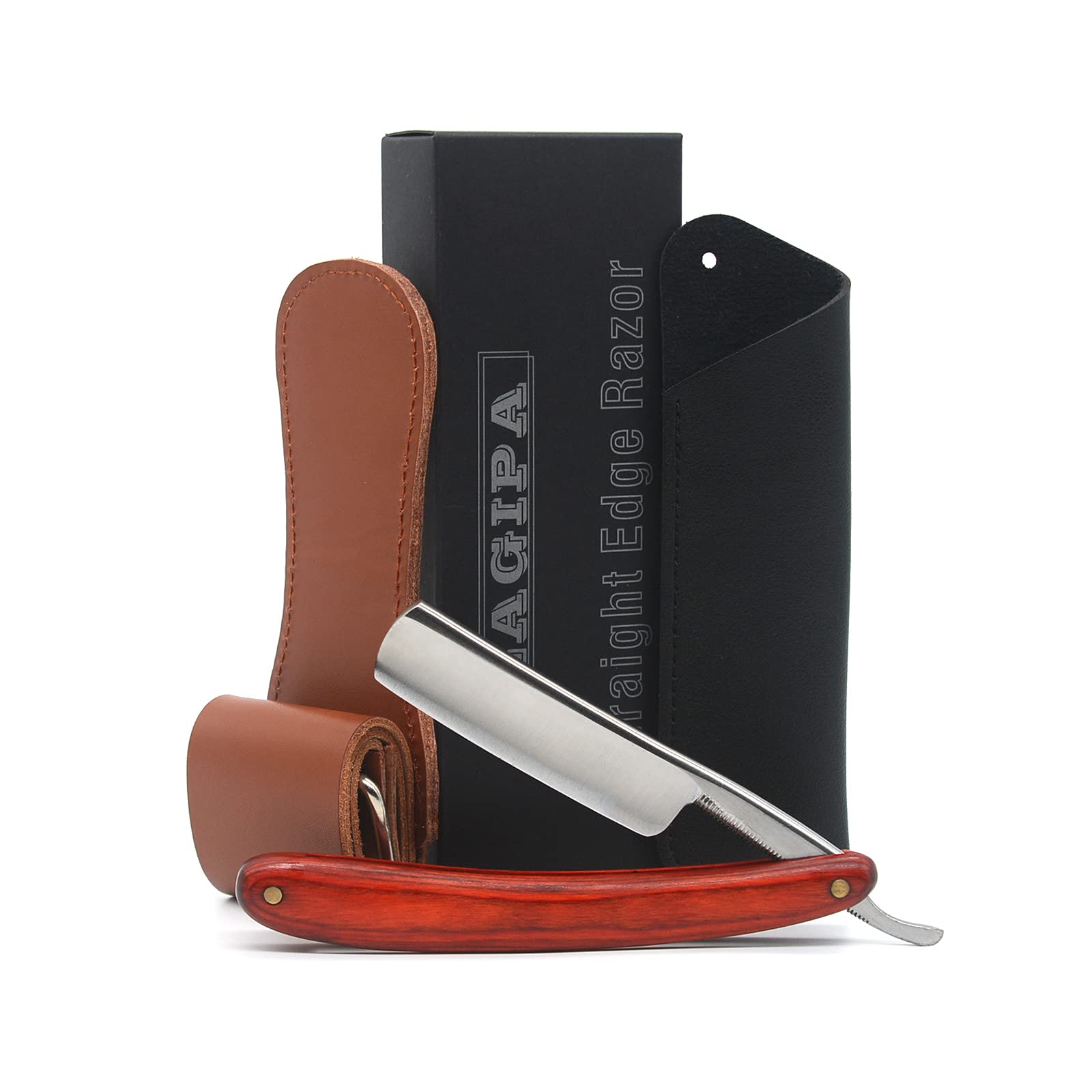 Straight Razor Shaving Kit with Strop - Shave Ready Vintage Straight Edge Razor for Men, Barber Razor Blade, Mens Shaving Knife, Classic Reusable Razor, Wood Handle, Carbon Steel