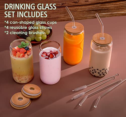 4pcs Set Drinking Glasses With Bamboo Lid And Glass Straw - 16oz Can Shaped Drinking Glass Set, Iced Coffee Mug, Cute Tumbler Cup, Whiskey, Water- Gift Best Choice - 2 Cleaning Brushes (Covered)