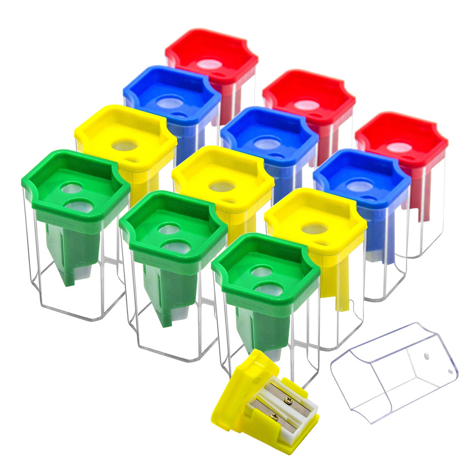12 Pccks Double Holes Manual Pencil Sharpener-Handheld Plastic Crayon Sharpener with Receptacle for Regular or Oversize Pencil &Crayons
