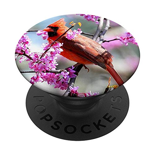 Cute Red Cardinal Bird Floral Design On Foliage Background PopSockets Swappable PopGrip