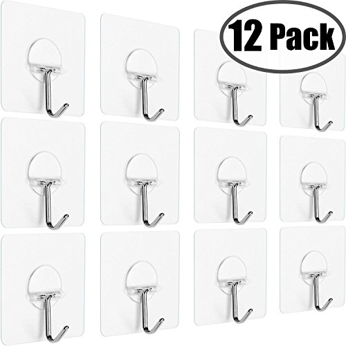 Anwenk 12Pack Wall Hooks Adhesive Wall Hanging Hooks Stick On Hooks Ceiling Hanger Damage Free Hanging Reusable Waterproof for Home Bathroom Kitchen Refrigerator Door Keys Bags,Clear- Promotion