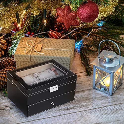 BEWISHOME Watch Box Organizer with Valet Drawer - Real Glass Top, Metal Hinge, Large Holder, Black PU Leather - 10 Slots Watch Storage Case Jewelry Box for Men SSH14B