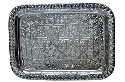 16 Inch Rectangular Moroccan Handmade Serving Tea Tray Silver Plated Brass Handcrafted Plate in Fez Morocco