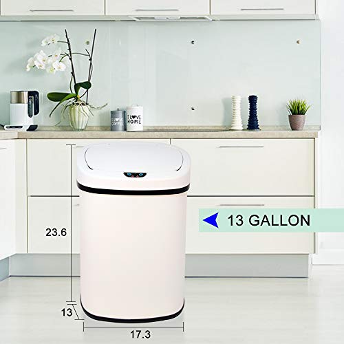 BHP Automatic Garbage can, Touch Free Stainless Steel Trash Can, No Touch Kitchen Waste Bin,High-Capacity Bathroom Trash Can with Lid for Home Bedroom Office, Powered by Battery, White