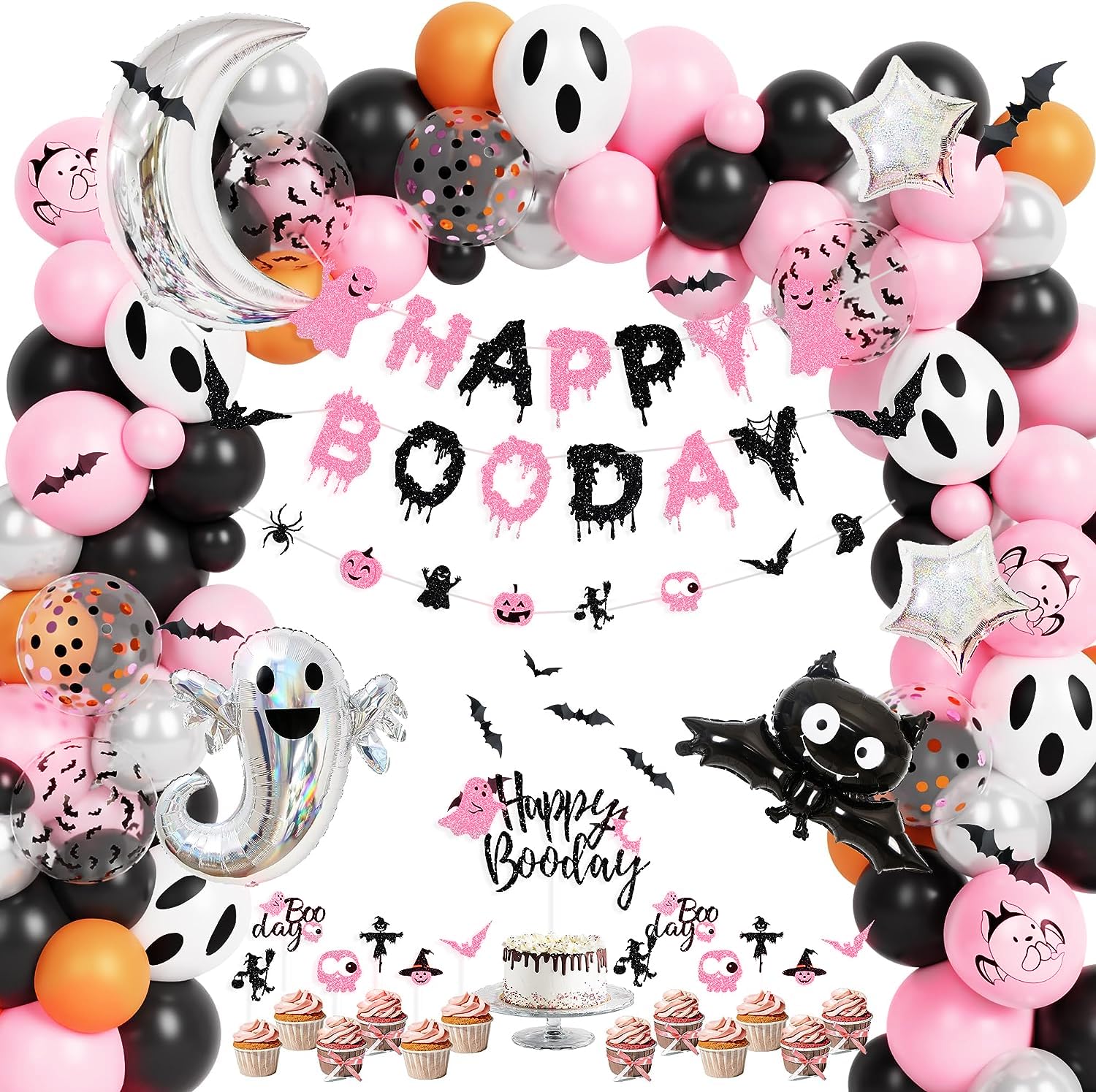 120Pcs Pink Black Halloween Birthday Party Decorations, Happy Boo Day Glitter Banner Ghost Bat Foil Balloons Garland Cake Topper for Girl Kids Halloween Baby Shower Gender Reveal Little Boo Supplies