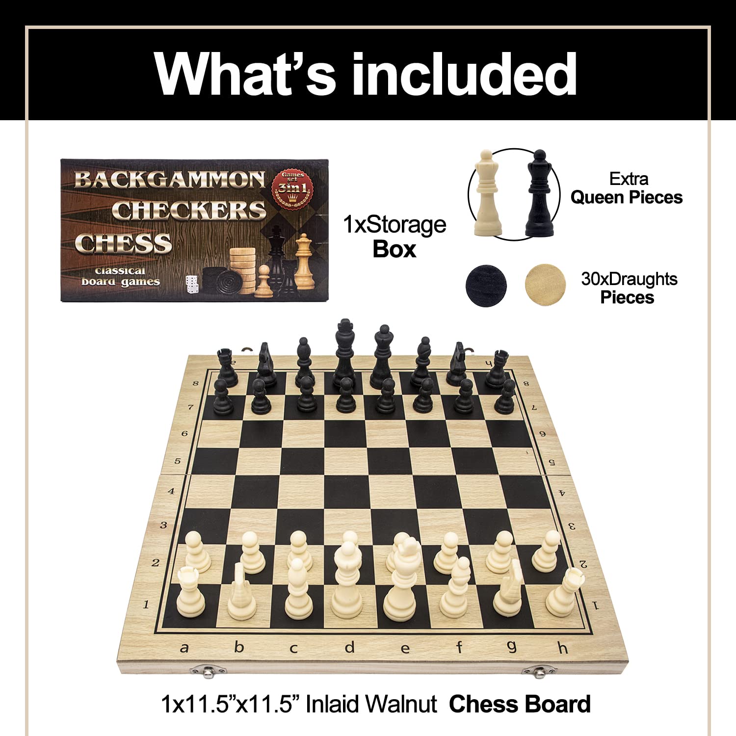 15" Classic Staunton Wooden Chess&Checkers Set with Folding Chess Board Chess&Checkers Pieces 2 Extra Queens,3 in 1 Board Games Includes Chess Checkers Backgammon