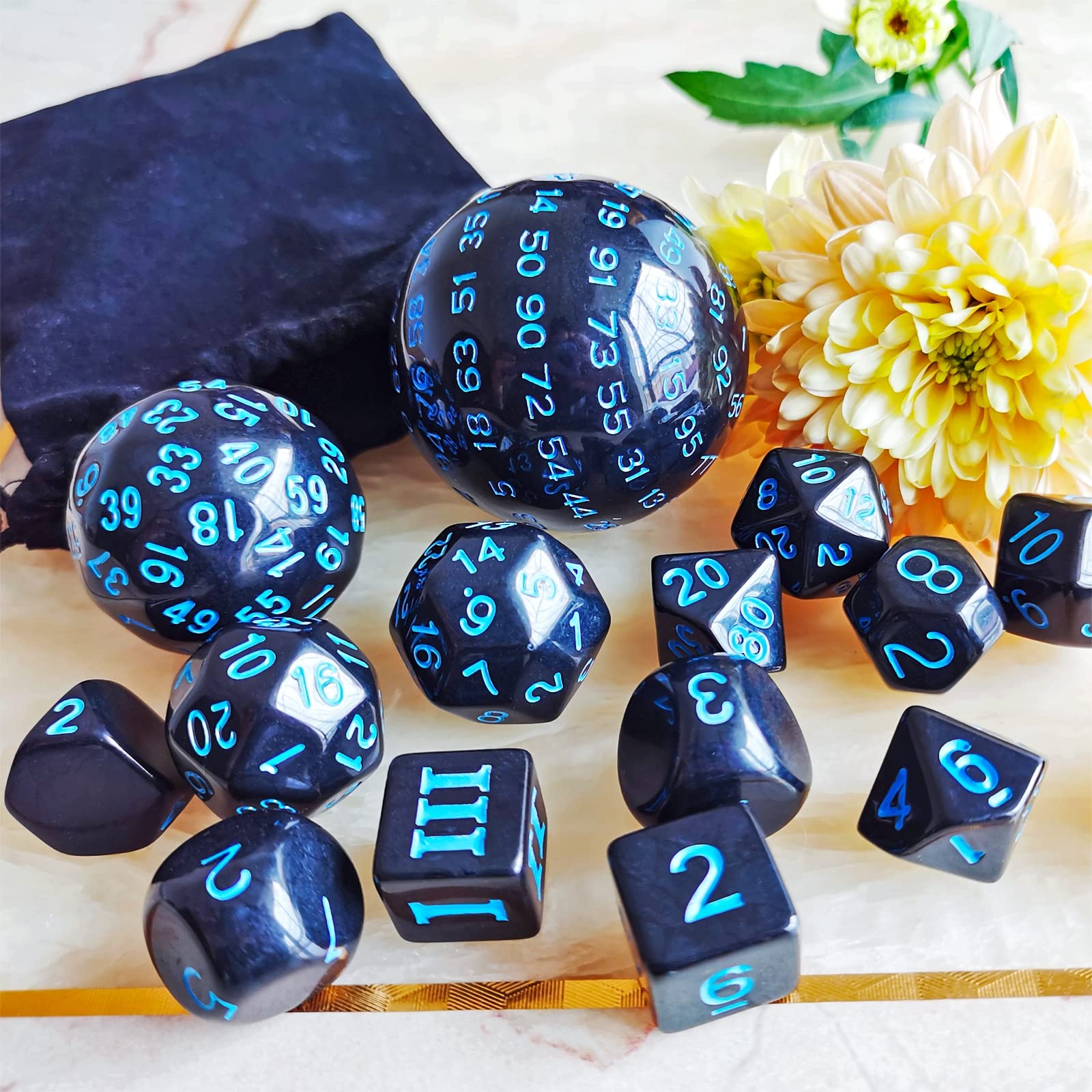 15 Pieces Complete Polyhedral Dice Set D3-D100 Spherical D&D Dice Set with a Drawstring Storage Bag, D100 Dice for Dungeons and Dragons, RPG, MTG Table Games