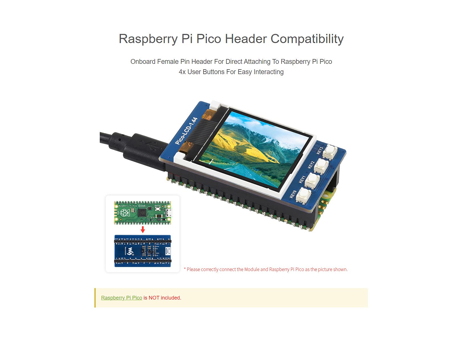 waveshare 1.44inch LCD Display Module for Raspberry Pi Pico 65K RGB Colors 128×128 Pixels Embedded ST7735S Driver Using SPI Bus Comes with Raspberry Pi Pico C/C++ and MicroPython Demo