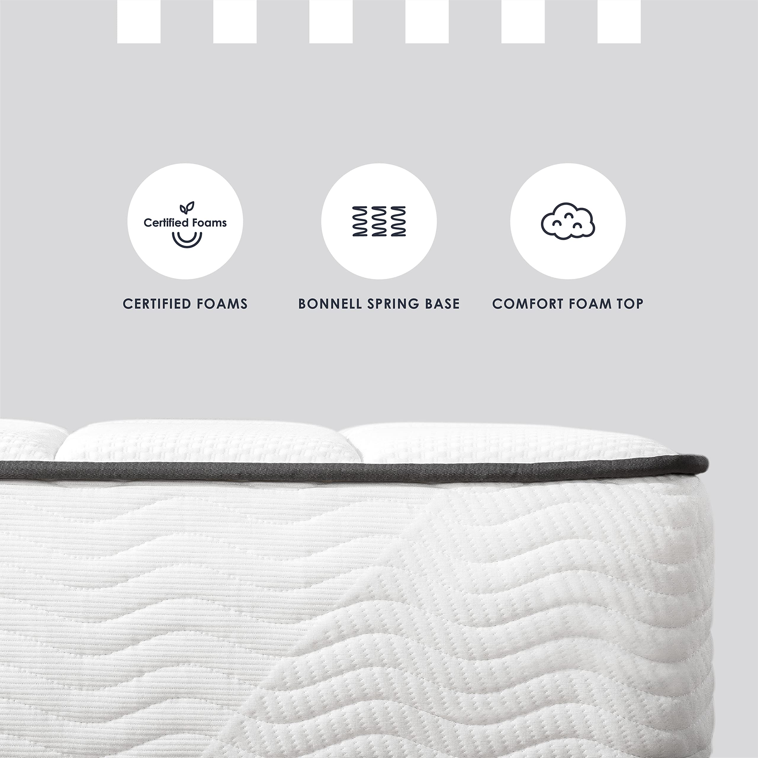 Mellow 8 Inch Classic Bonnell Spring Mattress, Comfort Foam Top with Innerspring Base, CertiPUR-US Certified Foam, Queen,White