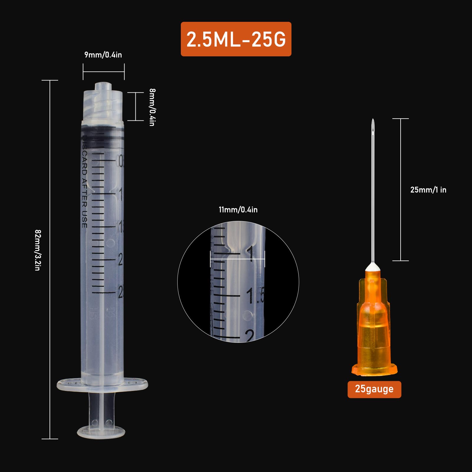 1ml Syringe with 25gauge 1 inch, Disposable Individually Wrapped 100Pack