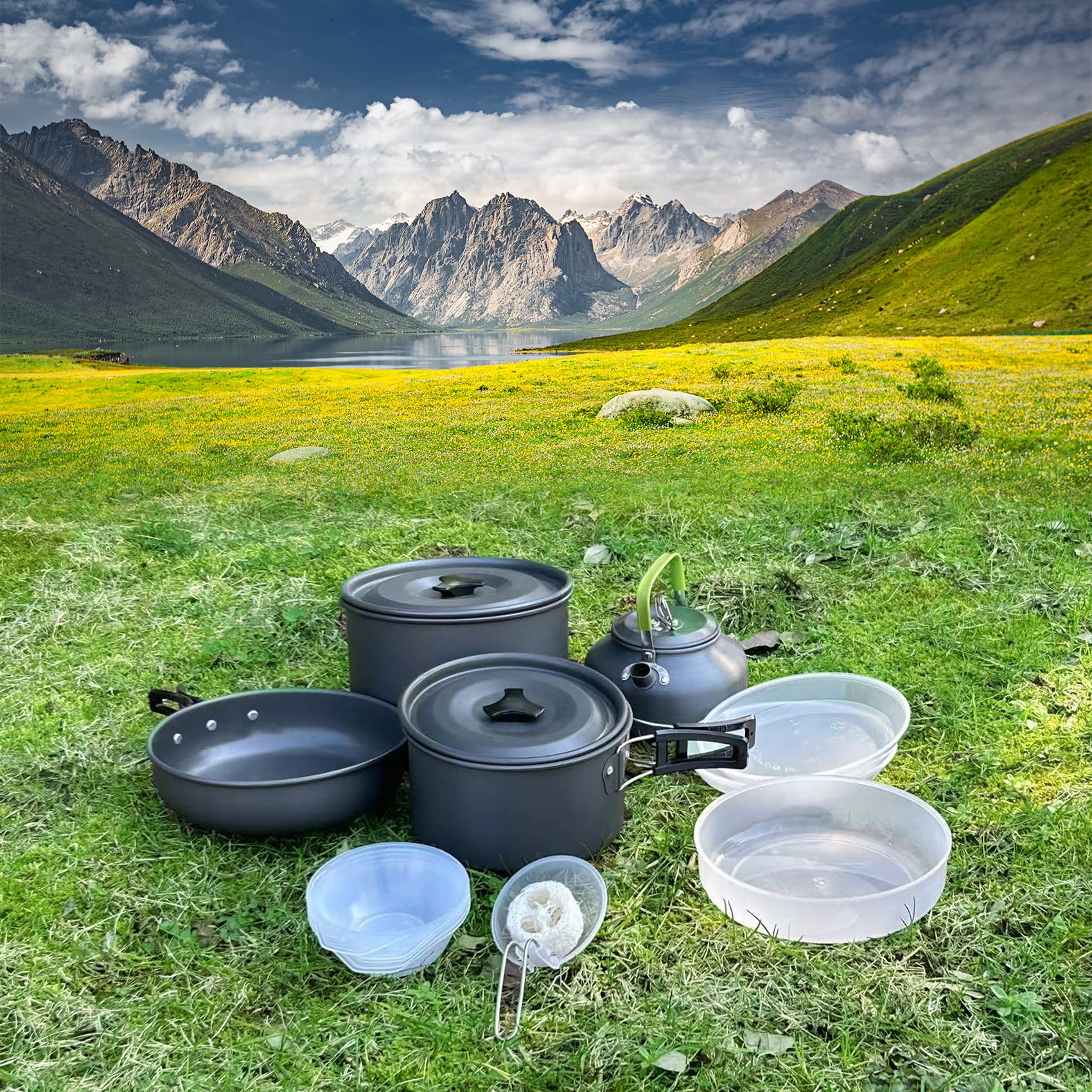 16pcs Camping Cookware Mess Kit, Non-Stick Lightweight Backpack Camping Pots Pan Kettle Set, Camp Accessories Equipment for Camping, Backpacking, Outdoor Picnic