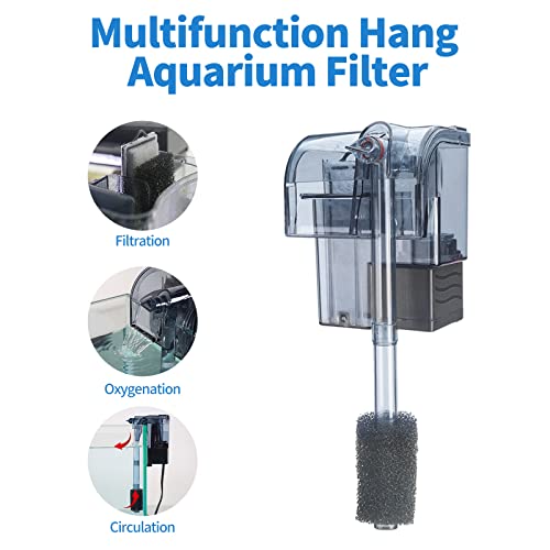Boxtech Aquarium Hang On Filter - Power Waterfall Suspension Oxygen Pump - Submersible Hanging Activated Carbon Biochemical Wall Mounted Fish Tank Filtration Water (5-10 Gal)