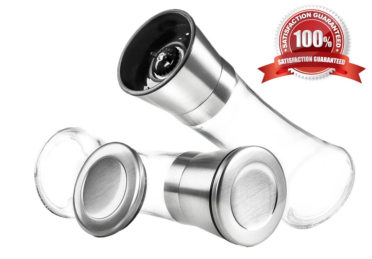 2 PCS Salt and Pepper Grinders Glass Mills Brushed Stainless Steel with Adjustable Ceramic Rotor