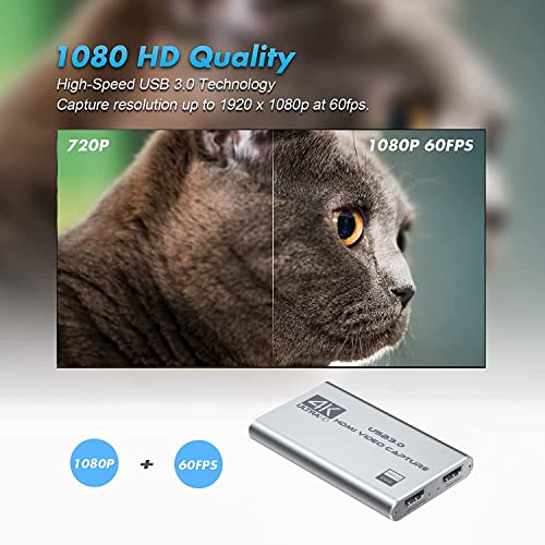 Video Capture Card 4K 1080P 60FPS, USB 3.0 HDMI Video Capture Device, HD Game Capture Card for Streaming, Work with PS4/PS5/Xbox/PC/Mac Windows 10/11