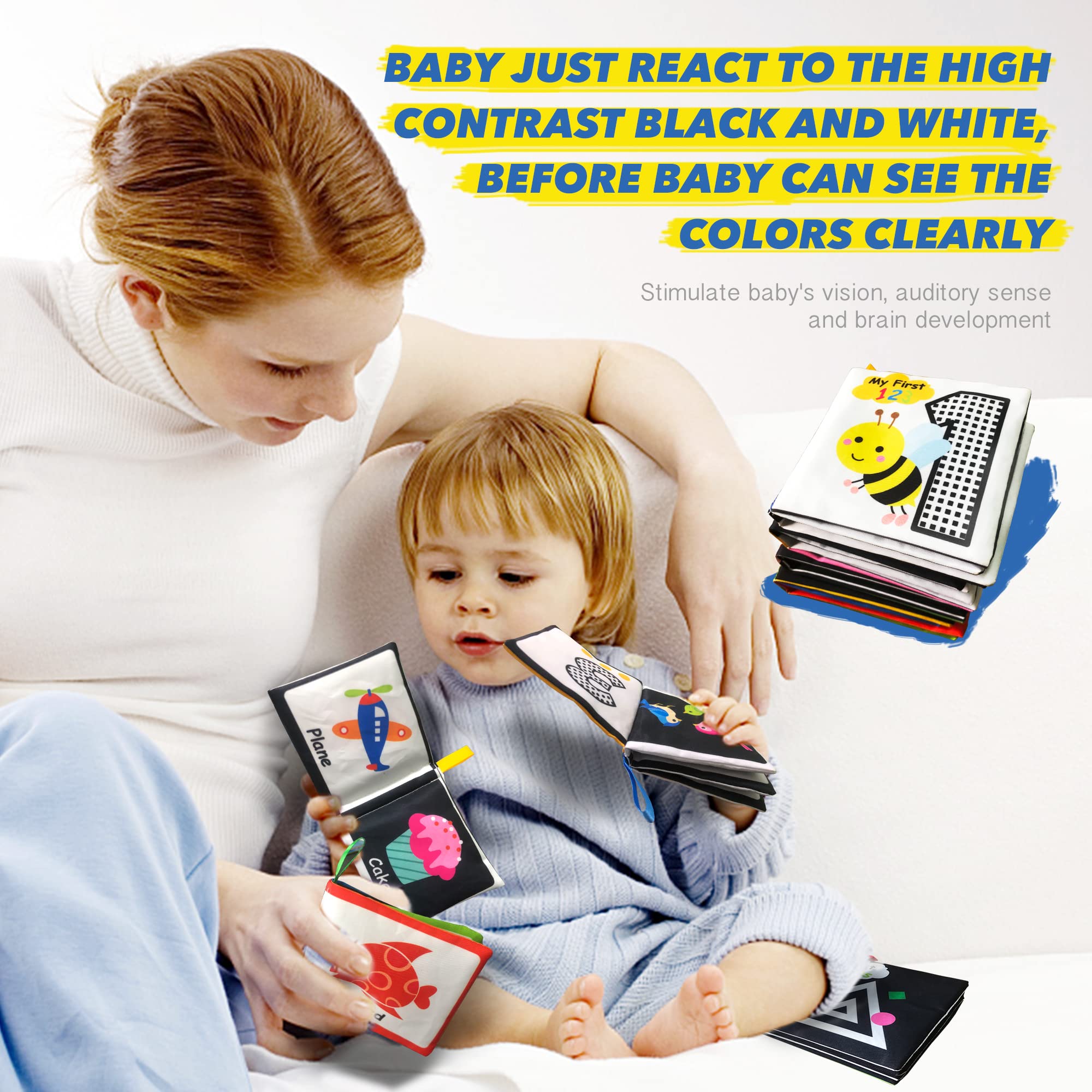 AMINFUN Soft Cloth Baby Book Toy,White Black Fabric Baby Learning Book(Pack of 4),Touch and Feel Crinkle Sound,Early Educational Toy,Gift for Babies Infants Toddlers