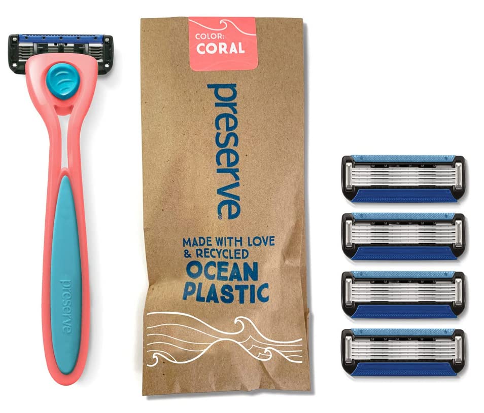Preserve POPi Shave 5 Razor System Made with recycled Ocean Plastic, Coral Pink and Preserve POPi Shave 5 Replacement Cartridges for Preserve POPi Shave 5 Razor (4 Count) Bundle