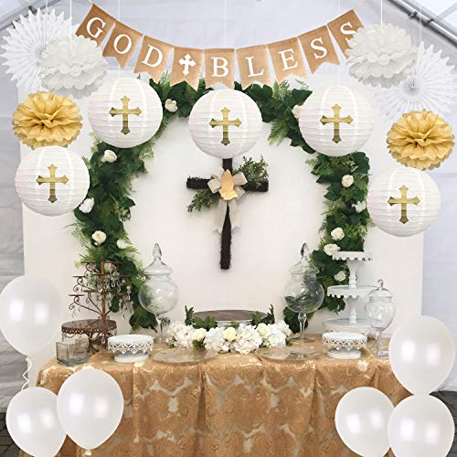CHRORINE First Communion Banner Kit, Baptism Decorations for Boys Girls, First Communion Confirmation Decorations,God Bless Banner and White Decorations - White Set