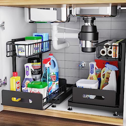 2 Pack Under Sink Organizer,Pull Out Cabinet Organizer 2 Tier Slide Out Sink Shelf Cabinet Organizer and Storage,Adjustable Under Counter Organizers Multi-Use for Under Kitchen Bathroom Organization