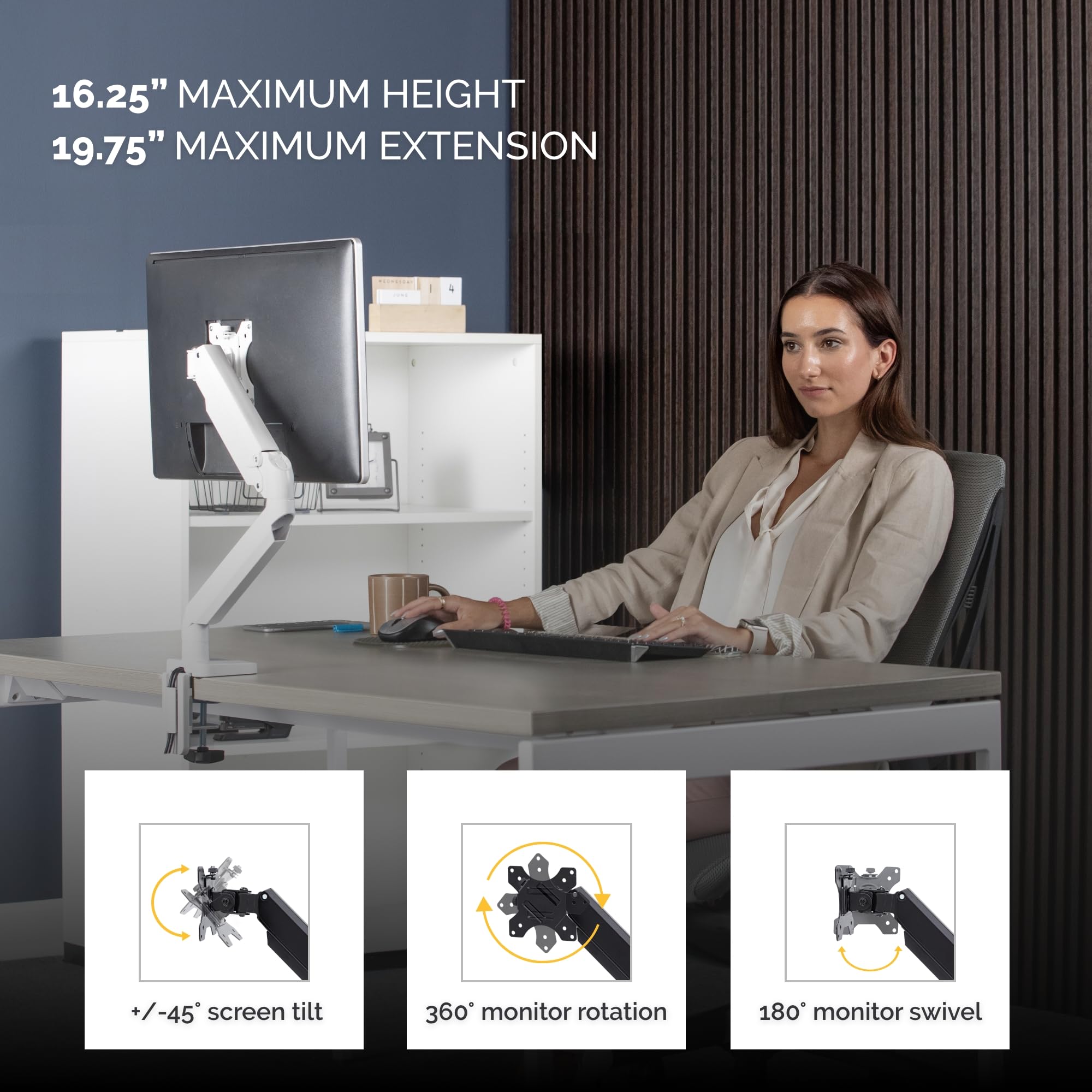 Fellowes Platinum Series Single Monitor Arm for 32-Inch Monitors, Full Motion, 360° Rotation, VESA Mount with Grommet or Clamp, USB Ports, Ergonomic, White, 8056201