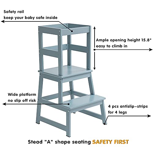 Kitchen Step Stool for Toddlers and Kids with Safety Rails for Kitchen Counter Solid Wood (Baby Blue)