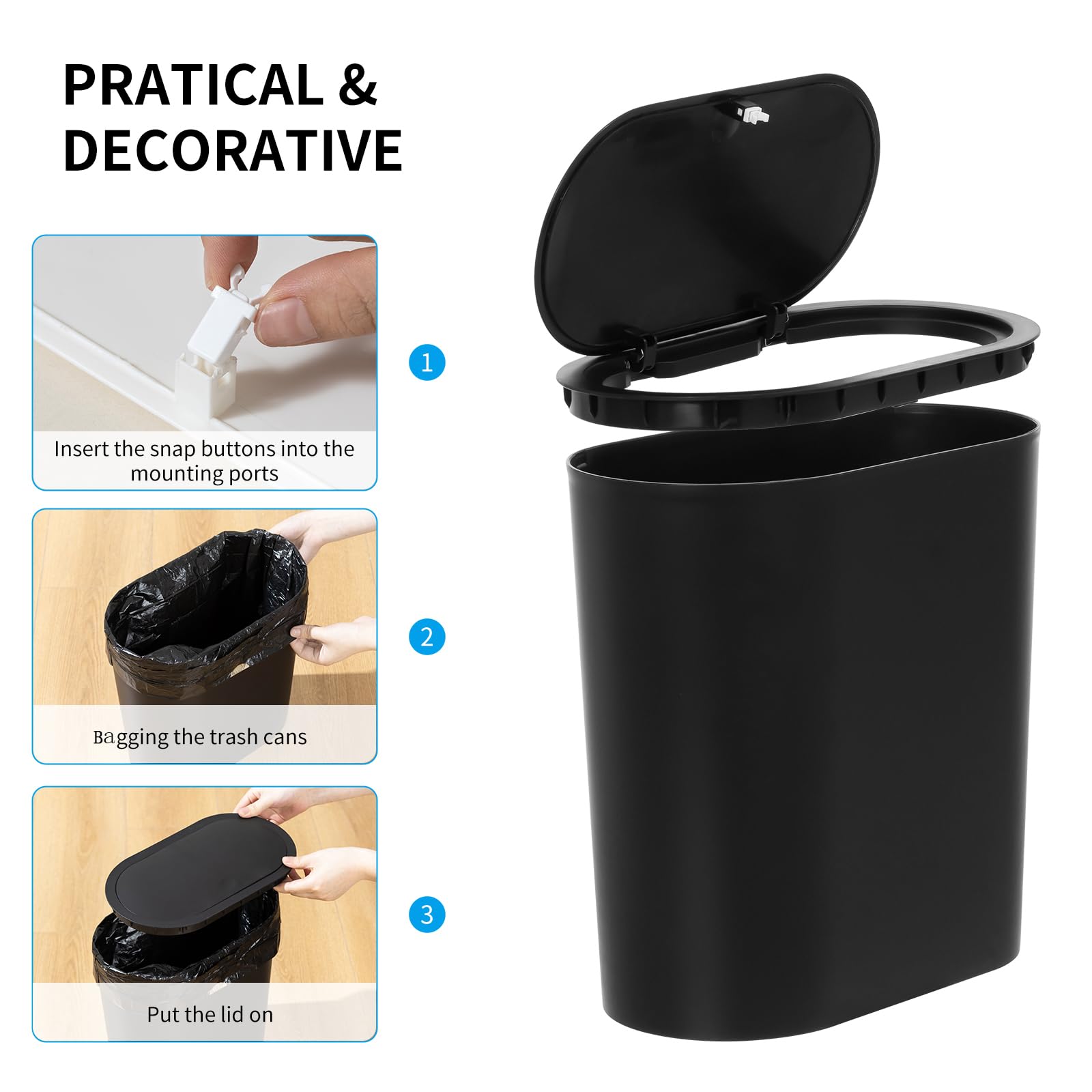2 Pack Bathroom Trash Can with Lid, 4 Gallon/15L Narrow Garbage Can with Press Top Lid, Covered Trash Bin, Plastic Trashcan Slim Waste Basket for Kitchen, Bedroom, Office, Craft Room, Laundry, Black