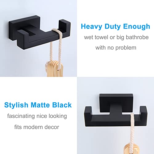 Aomasi Double Coat Hook, Stainless Steel Towel Robe Hook Kitchen Toilet Bathroom Accessories Dual Holder Heavy Duty Wall Mount, Matte Black