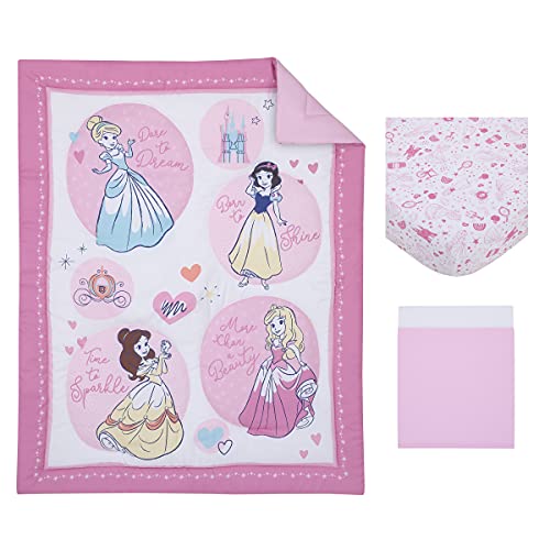 Disney Princess - Dare to Dream Pink and White, Castle, Hearts and Stars 3 Piece Nursery Crib Bedding Set - Comforter, Fitted Crib Sheet, and Crib Skirt