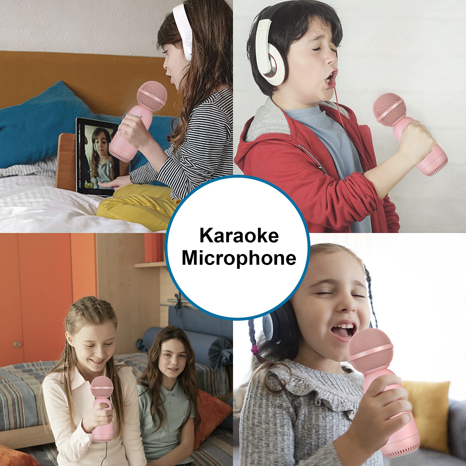 Aokeo Wireless Microphones Bluetooth Speaker, Wireless Karaoke Mic for Kids Children Mic for Singing Portable Karaoke Machine Mic,Home Birthday Party(Pink)