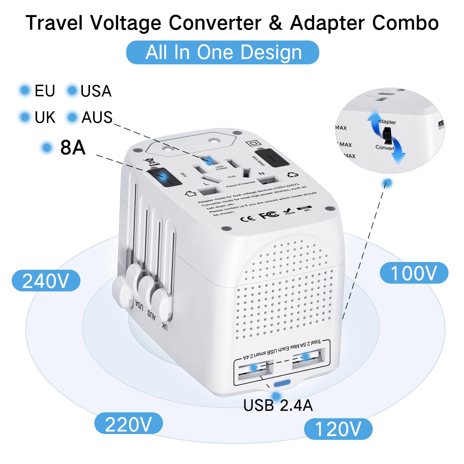 2000W Travel Voltage Converter, Universal Travel Adapter Voltage Converter Combo for 100V-240V, with 2 USB Ports, US to UK Europe Australia 200+ Countries Power Converter(White)
