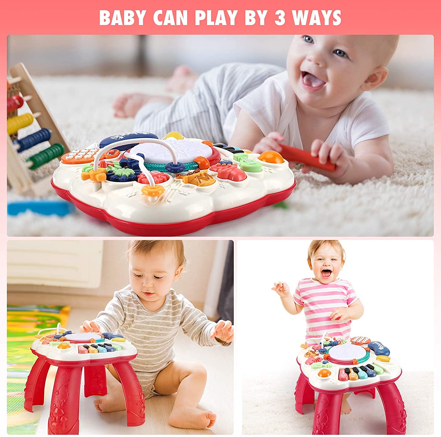 Tuko THISMY Learn and Groove Musical Table for Baby Toys 6 to 12 Months, Activity Table for 1 2 3 Years Old, 11.8×11.8×12.2 Inches (Red)