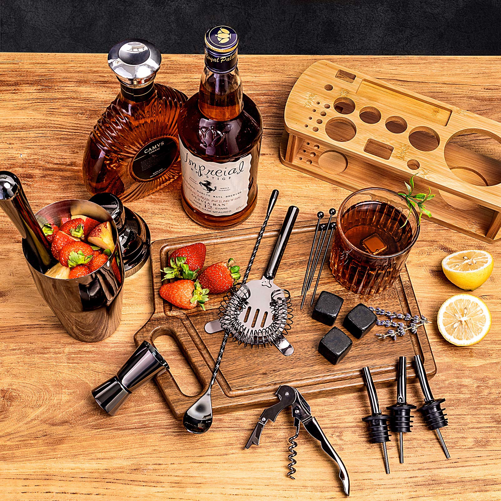 25-Piece Cocktail Shaker Set with Bamboo Stand, 304 Stainless Steel Bartender Kit, Professional Martini Shaker Bar Tool Set for Drink Mixing, Home, Bar, Party (Gun-Metal Black)