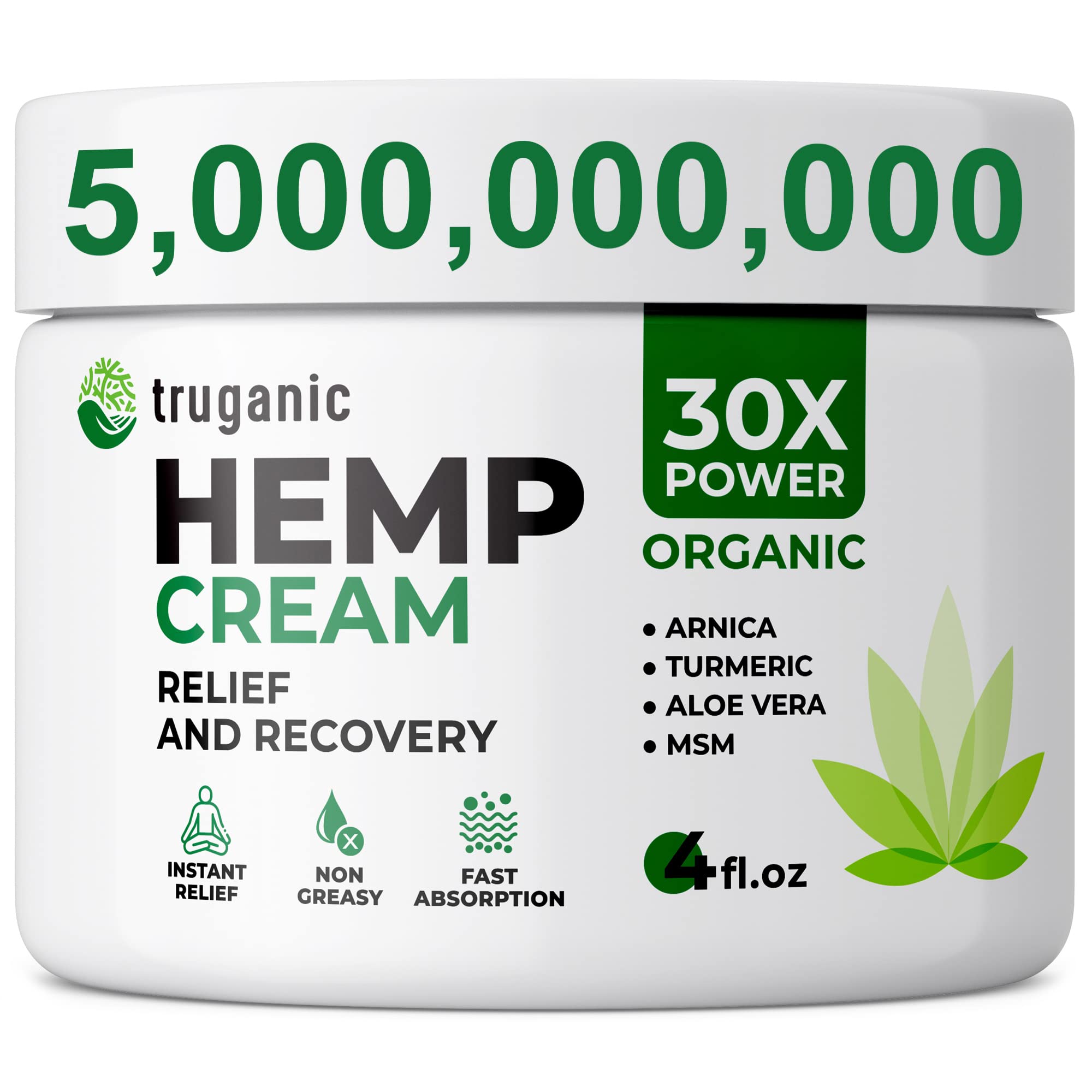 Truganic Premium Hemp Relief Cream 500,000,000-Powerful Soothing Hemp Cream for Back, Muscle, Joints, Skin Care
