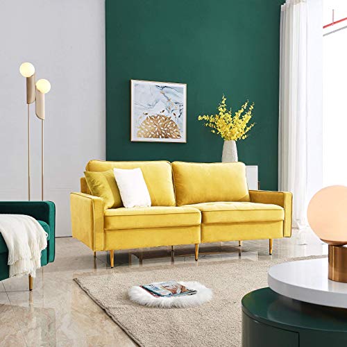 Danxee Loveseat Sofa Living Room Sofa with 2 Throw Pillows Modern Sofa Couch Velvet Fabric Golden Metal Legs 3 Seats 71 inch Wide (Yellow)
