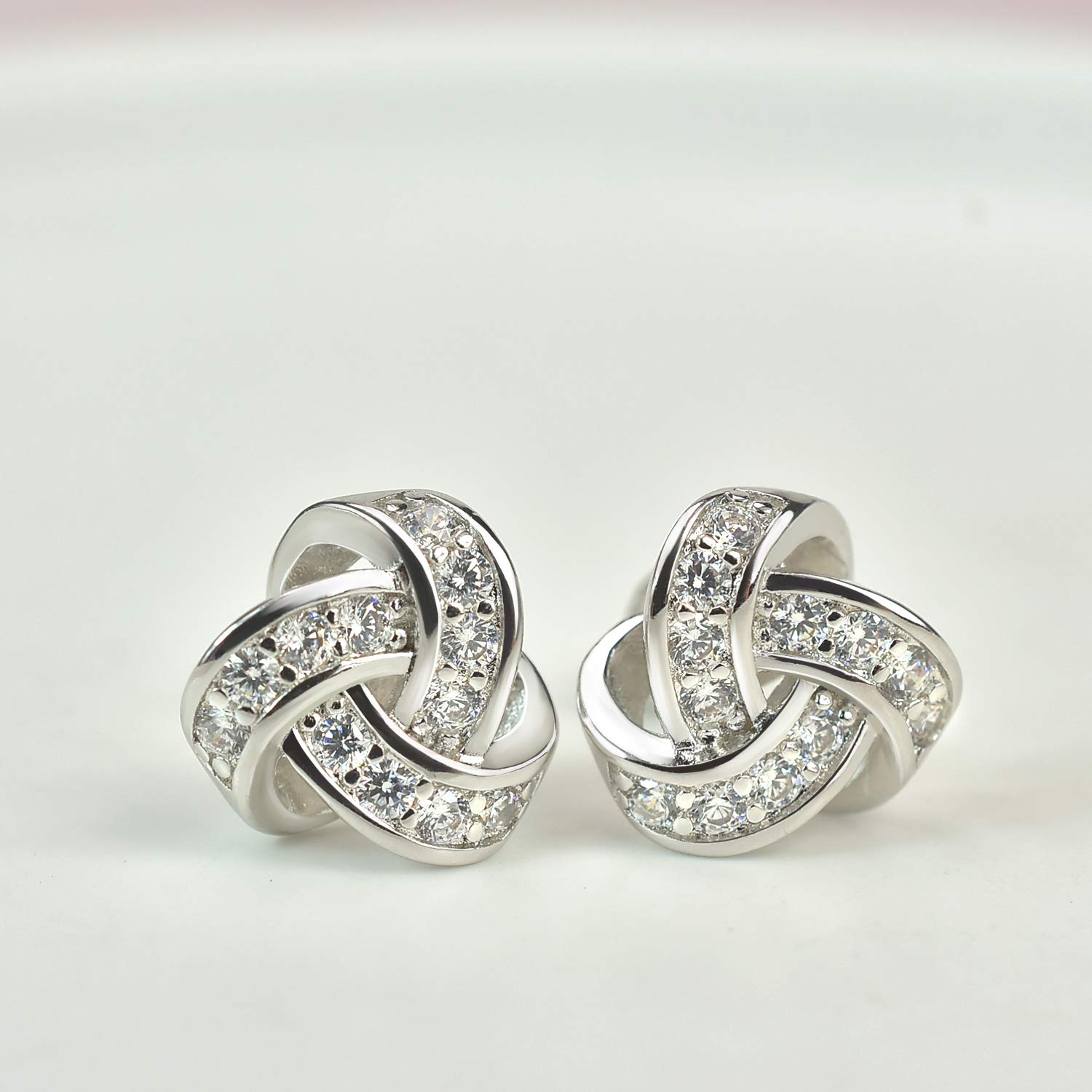 14K Gold Plated Stud Earrings | 925 Sterling Silver Post CZ Hypoallergenic Earrings Love Knot Cubic Zirconia Earrings for Women (White)