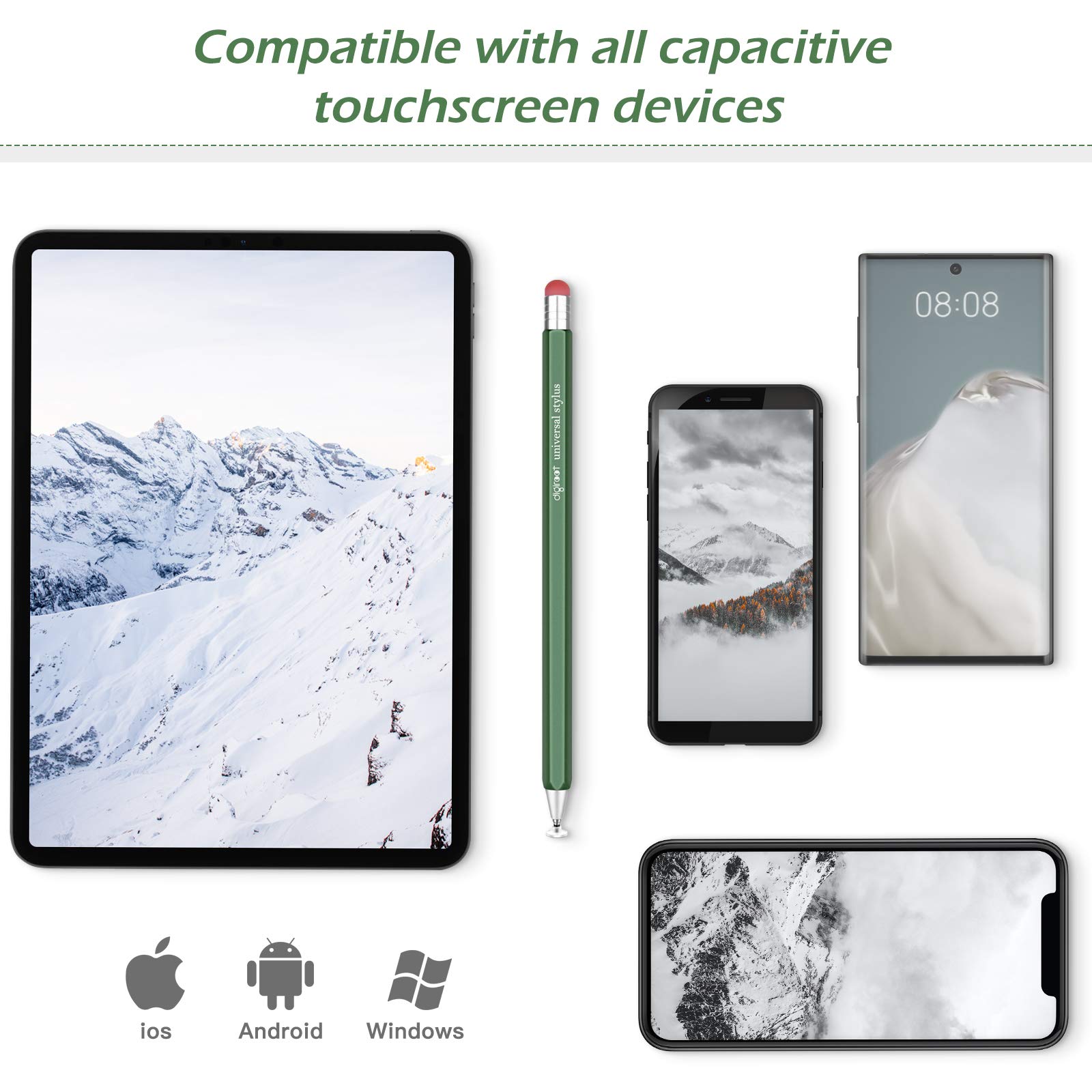 Digiroot Universal Stylus, Disc & Fiber Tip 2-in-1 Rotatable Stylus for Apple/iPhone/Ipad pro/Mini/Air/Android/Microsoft/Surface with 3 Replacement Tips - (Green)
