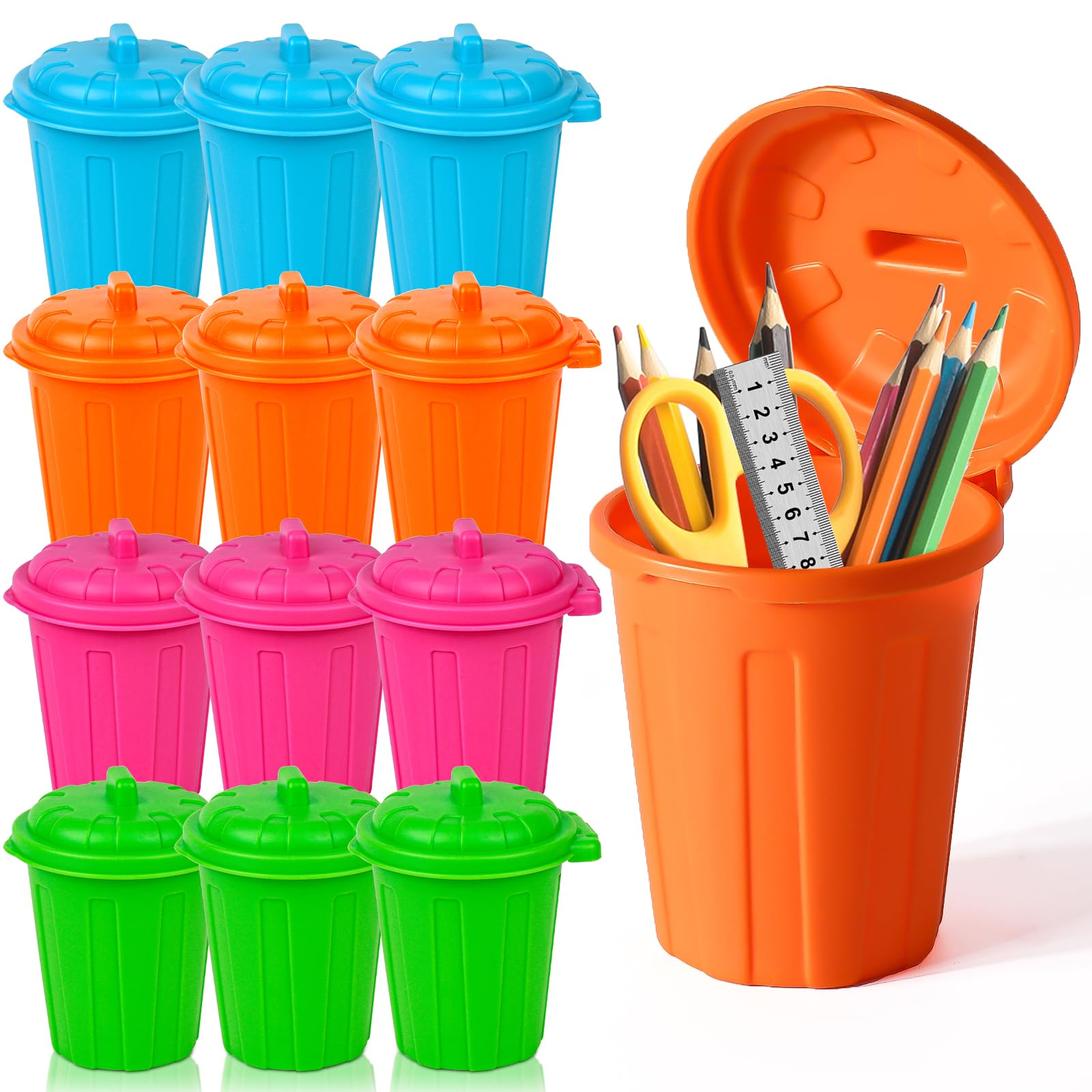 12 PCS Coloured Mini Trash Can Set Lids Mini Garbage Cans Pen Holder Desk Organizer Small Desktop Miniature Garbage for Birthday Party Favors Home School Classroom Decor (12, Muticolored)