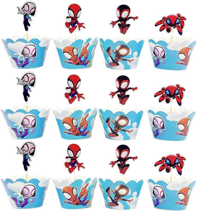 12 Pcs Spider and His Friends Cupcake Decorations, Double Sided Toppers and Wrappers, Superhero Decorations, Boys and Girls Birthday Party Supplies