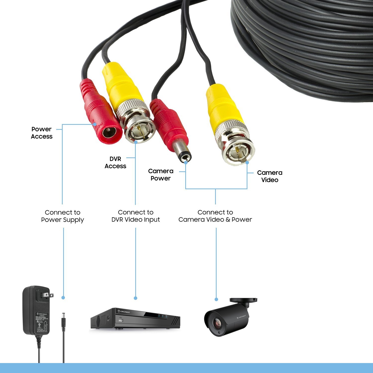Amcrest 4-Pack 60 Feet Pre-Made All-in-One Siamese BNC Video and Power CCTV Security Camera Cable with Two Female Connectors for 960H & HD-CVI Camera and DVR (SCABLEHD60B-4pack)