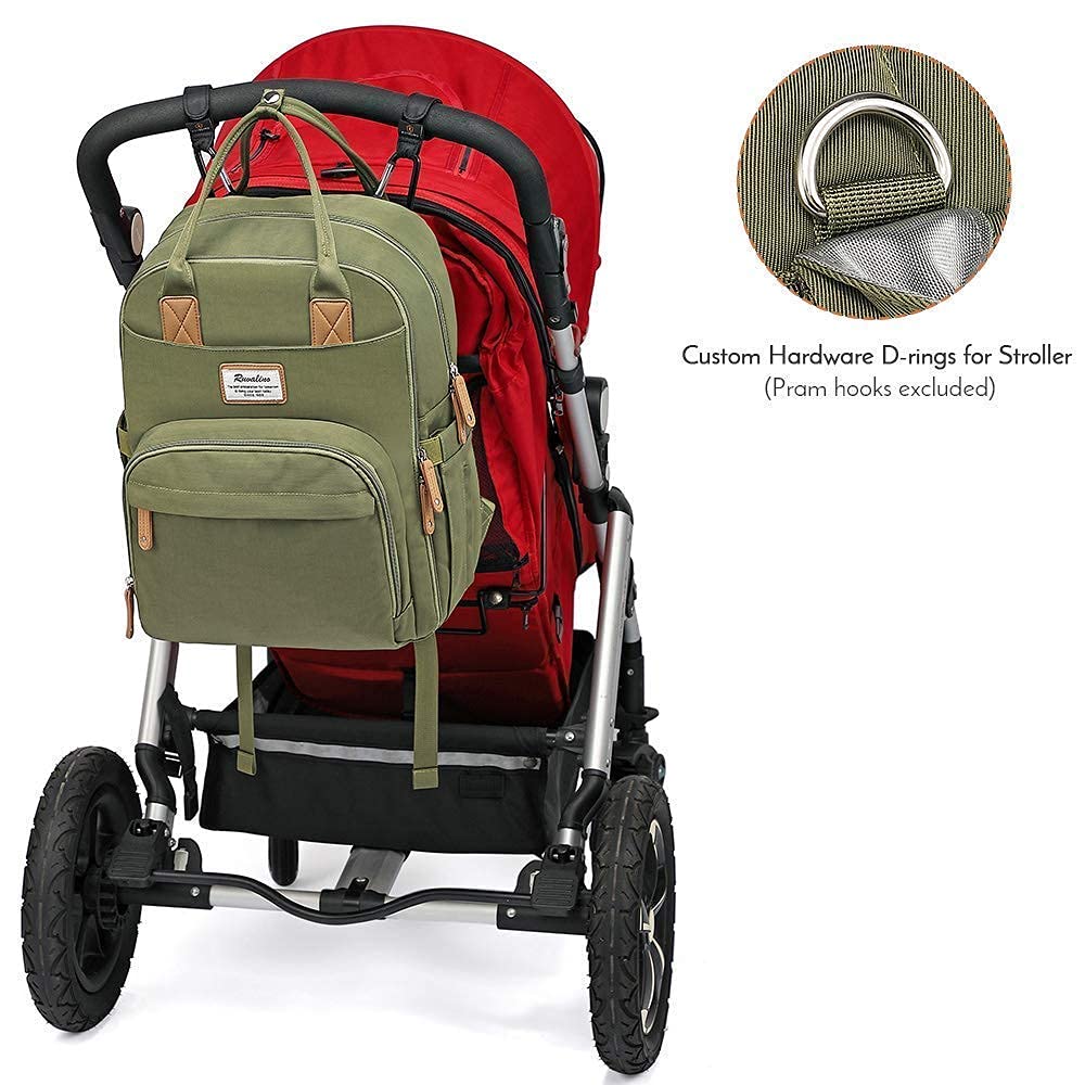 RUVALINO Diaper Bag Backpack, Stroller Hooks, Multifunction Travel Green Baby Back Pack with Changing Pad, Universal Stroller Clips for Mom Dad