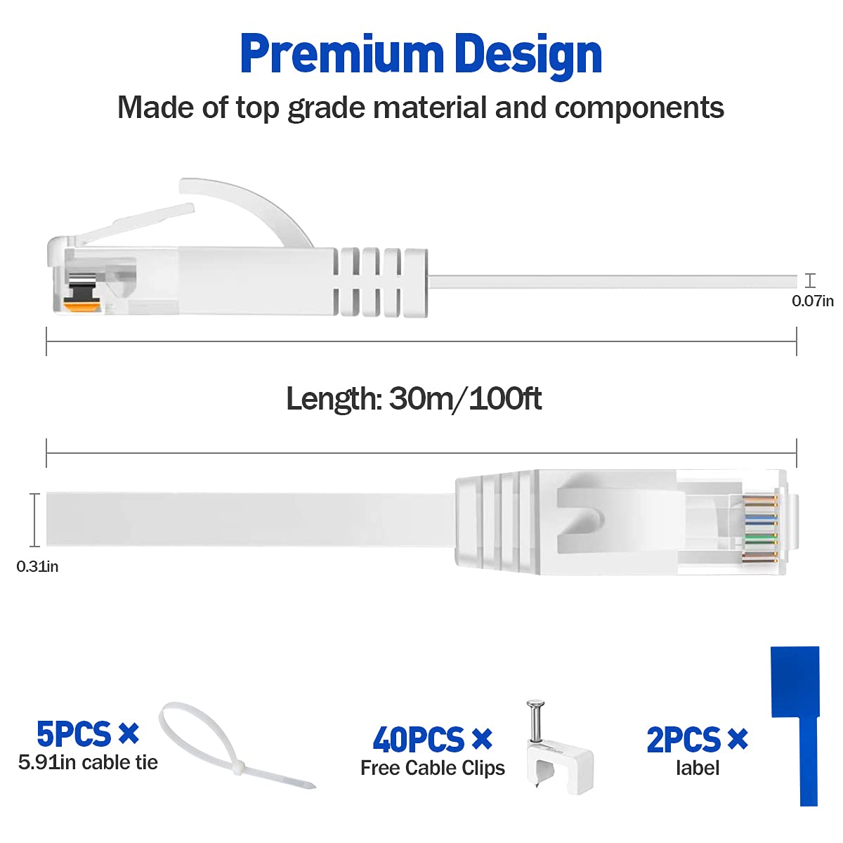 UDATON Cat 6 Ethernet Cable 100 Ft, High Speed Flat Ethernet Cable 100ft, Rj45 Internet Computer LAN Cable, Cat 6 Long Ethernet Cable for PS4,Box,Gaming Switch-White(Free Cable Clips and Straps)
