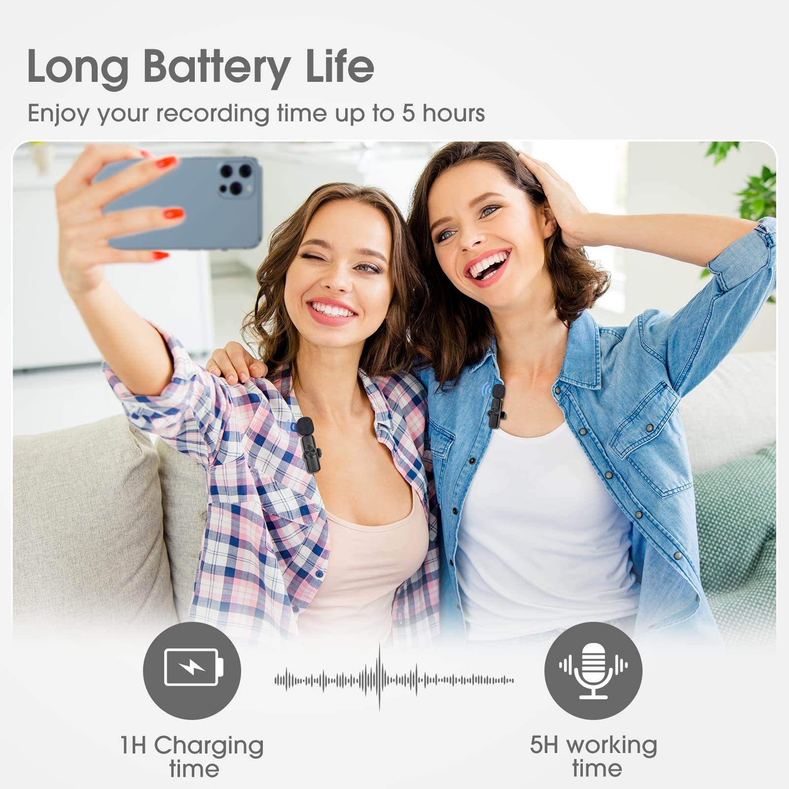 2 Pack Wireless Lavalier Microphone for iPhone iPad, Noise Reduction Cordless Omni Lapel Mic, Clip on Microphone for Video Recording, YouTube, Facebook,TikTok, Interview Livestream & Podcast