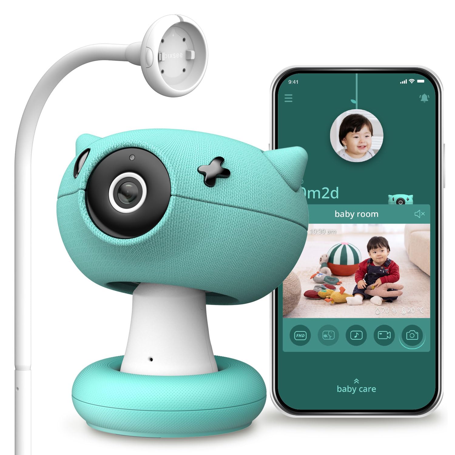 Pixsee Smart Baby Monitor with 5-in-1 Camera Stand Bundle, Cry Recognition and Decoder, Temperature and Humidity Detection, 2-Way Talk, FHD Video 5MP Non-Distorting Camera, Non Pixelated Night Vision