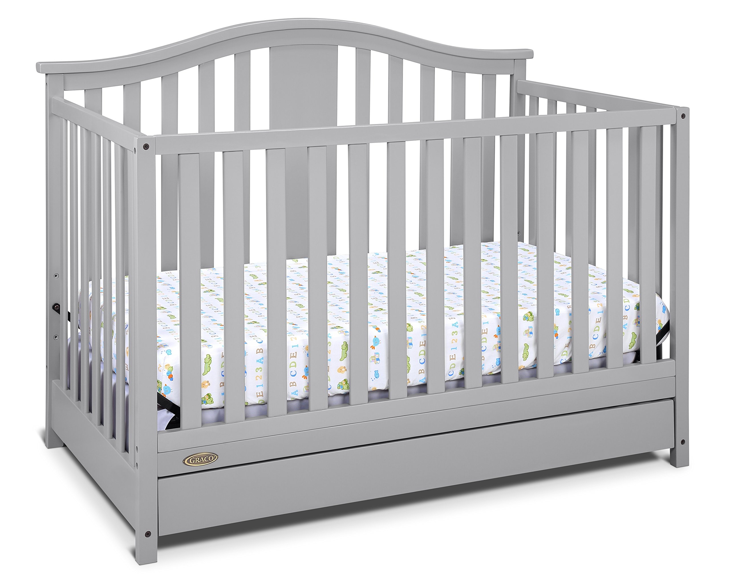 Graco Solano 4-in-1 Convertible Crib with Drawer (Pebble Gray) – GREENGUARD Gold Certified, Crib with Drawer Combo, Includes Full-Size Nursery Storage Drawer, Converts to Toddler Bed and Full-Size Bed