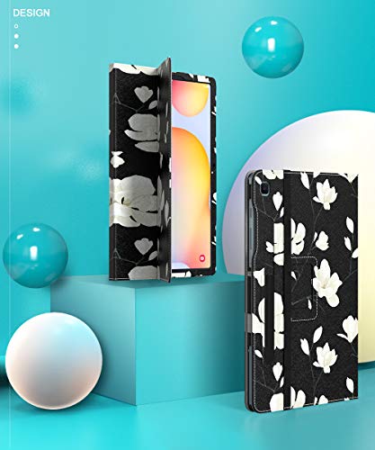 MoKo Case Compatible with Galaxy Tab S6 Lite 2020, Slim PU Tablet Shell Cover Stand Case with Auto-Wake S-Pen Holder Fit Samsung Galaxy Tab S6 Lite 10.4 2020 SM-P610/P615 ONLY - Black & White Magnolia