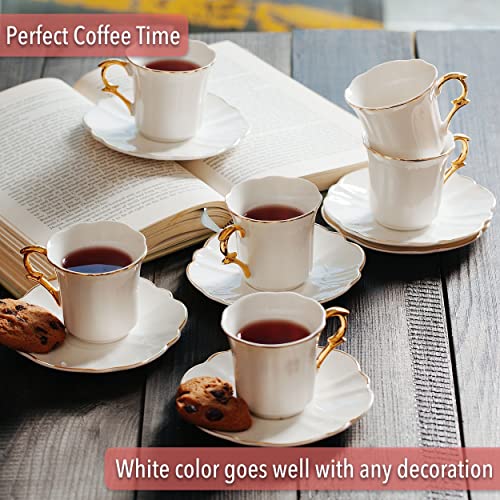 BTaT- Small Espresso Cups and Saucers, Set of 6 Demitasse Cups (2.4 oz) with Gold Trim and Gift Box, Small Coffee Cup, White Espresso Cup, Turkish Coffee Cup, Porcelain Espresso Cup